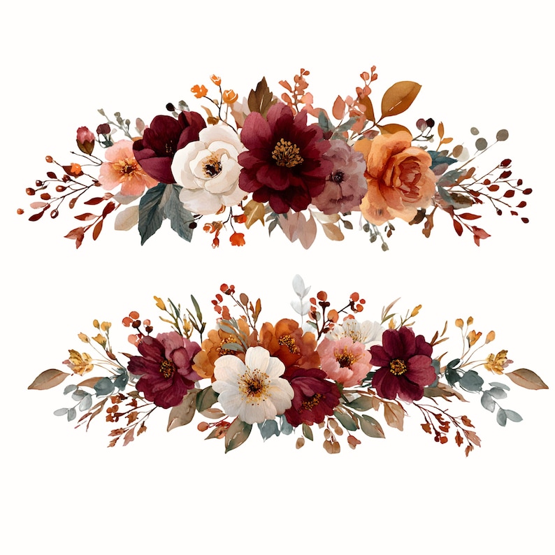 Rustic Romance Autumn Wedding Clipart, Burgundy Fall Floral Pngs ...
