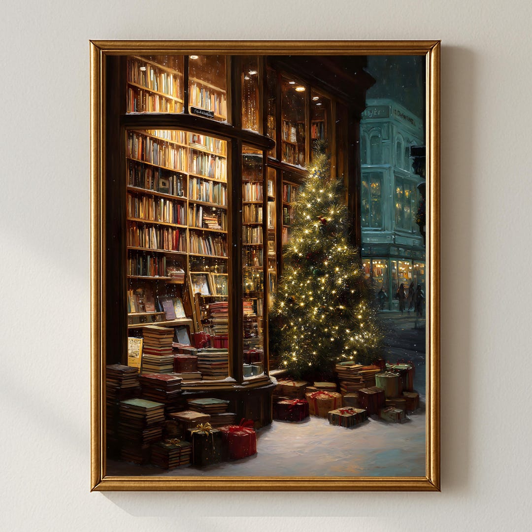 Christmas Bookstore Wall Art, Cozy Holiday Library Print, Vintage ...