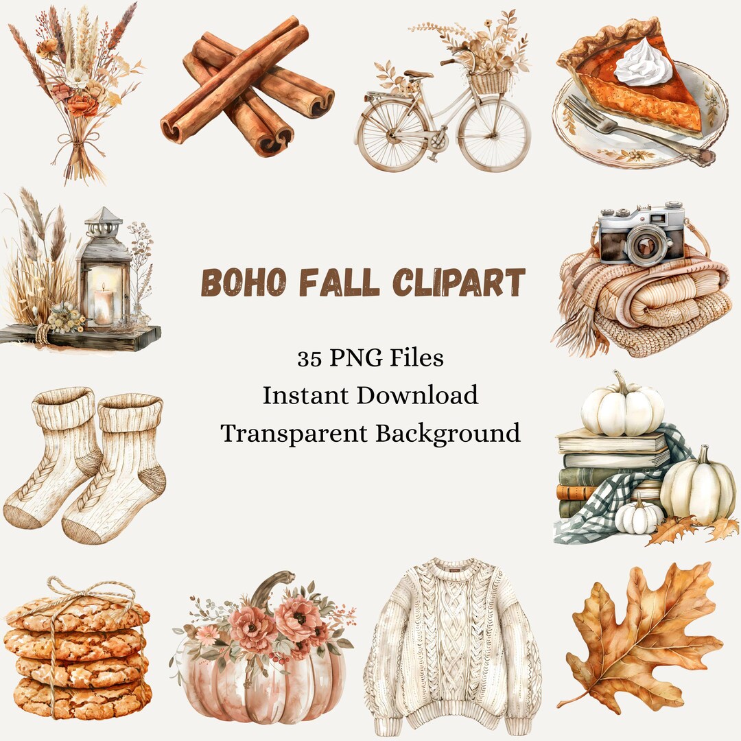 Boho Cozy Fall Clipart Bundle | Neutral Autumn Pumpkins, Latte Mug ...