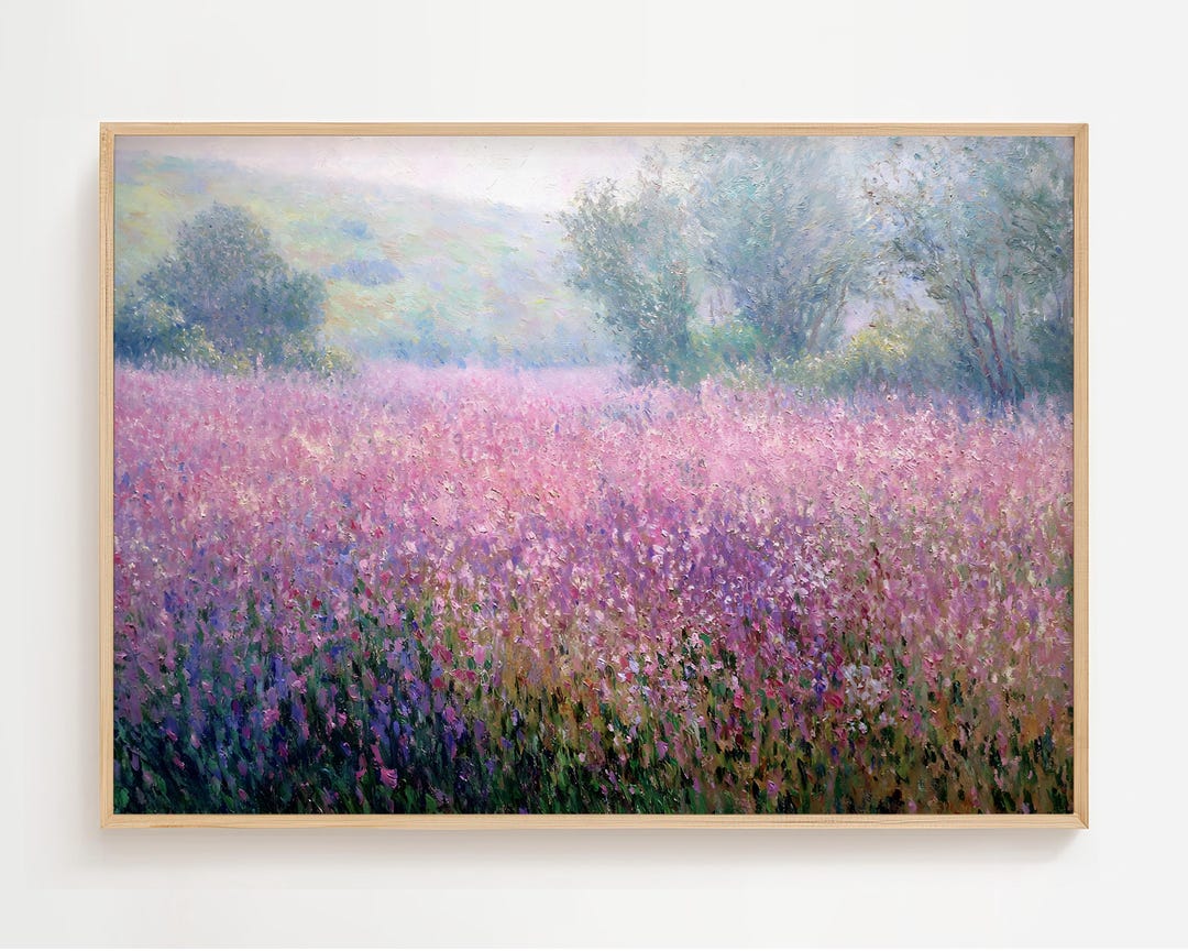 Pink Lavender Field Wall Art Print, Impressionist Landscape Painting ...