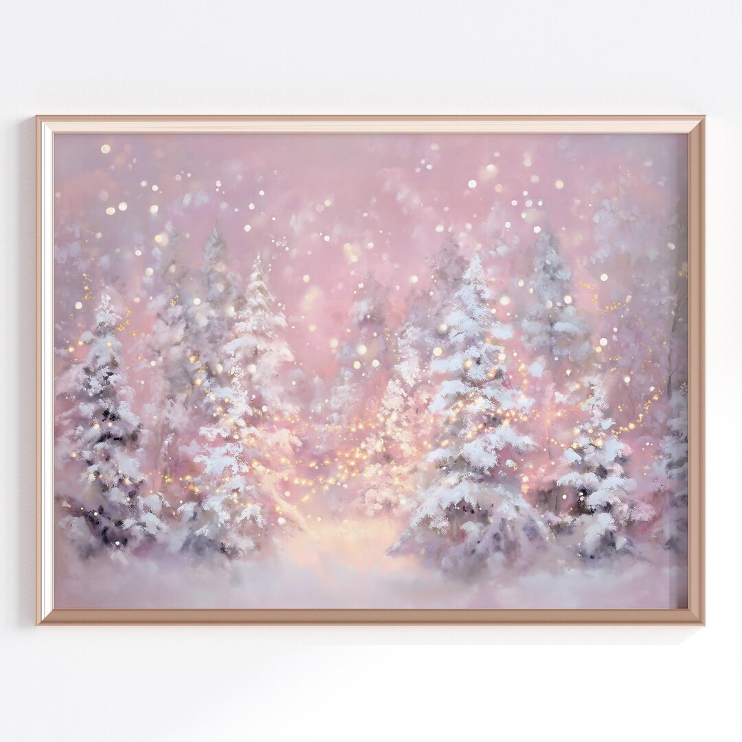 Whimsical Christmas Wall Art | Pink Winter Forest With Snow Covered ...
