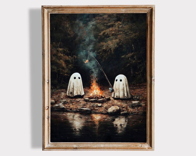 Ghosts Fishing Campfire Print – Cute Spooky Halloween Decor (digital ...