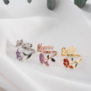 Custum Name Ring With Birthflower, Adjustable Birthflower Name Ring ...