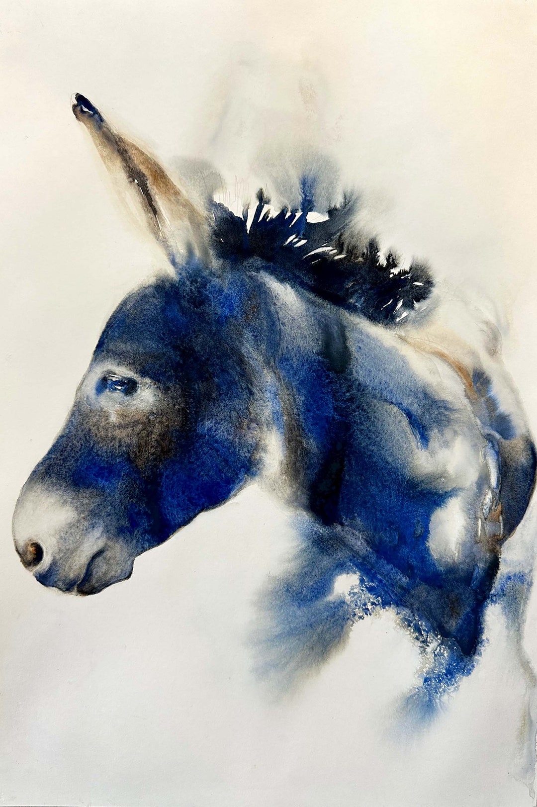 BLUE DONKEY watercolor peaceful donkey animal in loving profile gaze in ...