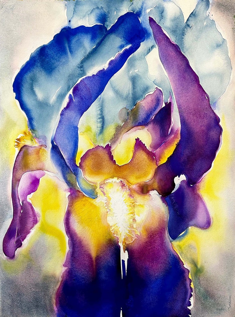 BOLD and BEAUTIFUL IRIS Watercolor Painting of Large Iris Floral in ...