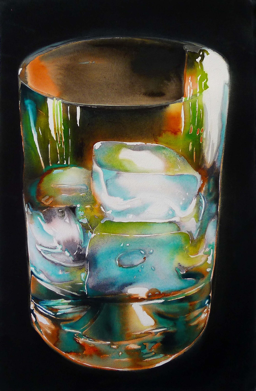 ICE CUBE COCKTAIL Original Watercolor Painting of Dramatic Ice in Black ...