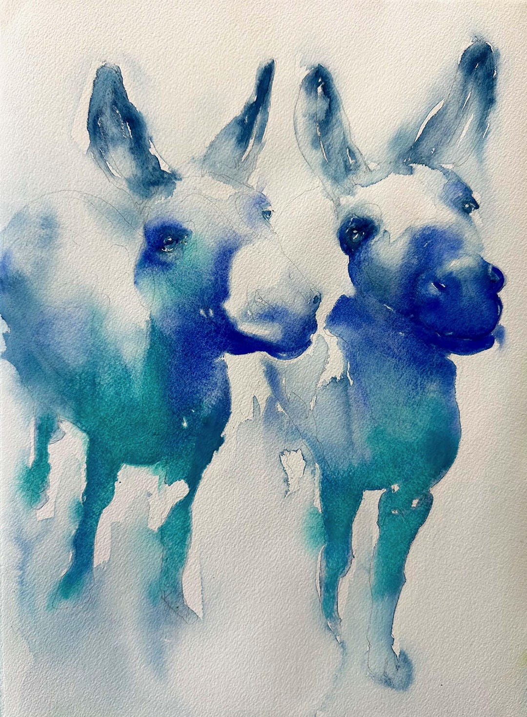 DONKEY DOUBLE Print of Watercolor of Two Donkeys With Cute and Loving ...
