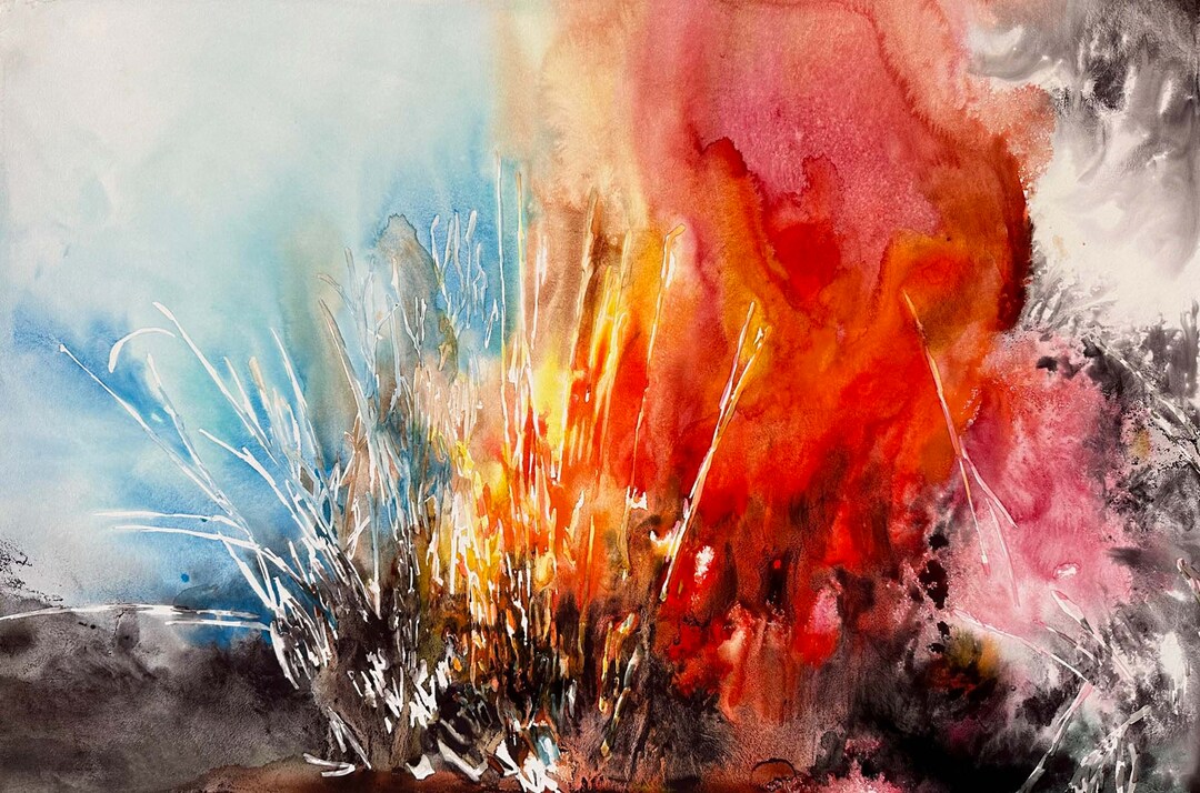 BONFIRE 20 X 30" Watercolor Original Painting Dynamic Art Red Dynamic ...