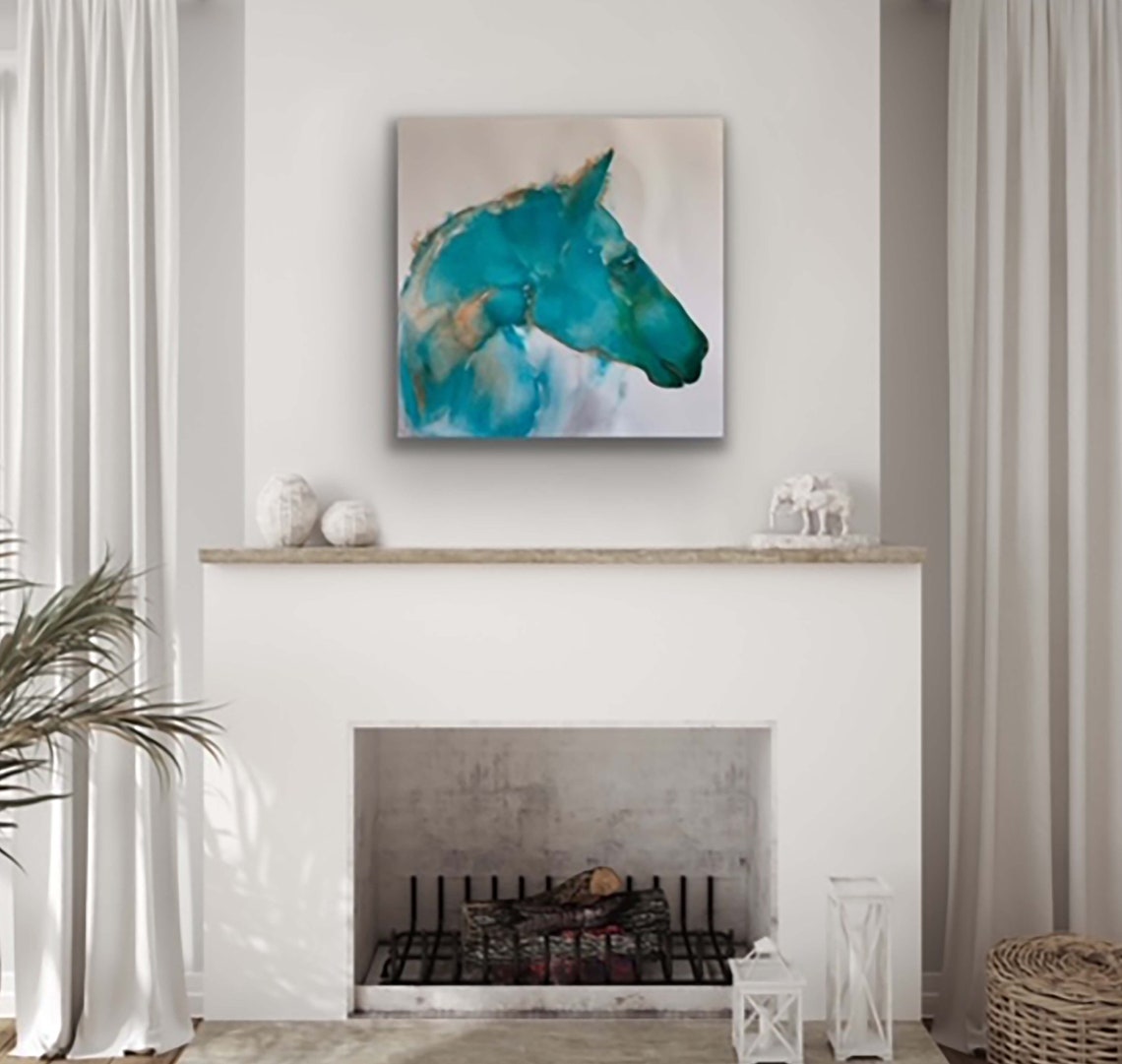 BLUE BONNET 22 X 30 WATERCOLOR of Blue Horse in Dreamy Turquoise and ...