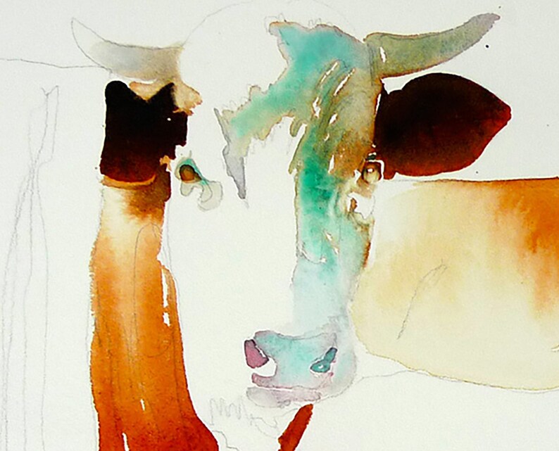FRENCH COW PRINT on Archival Rag Paper of Colorful Cows With Sienna and ...