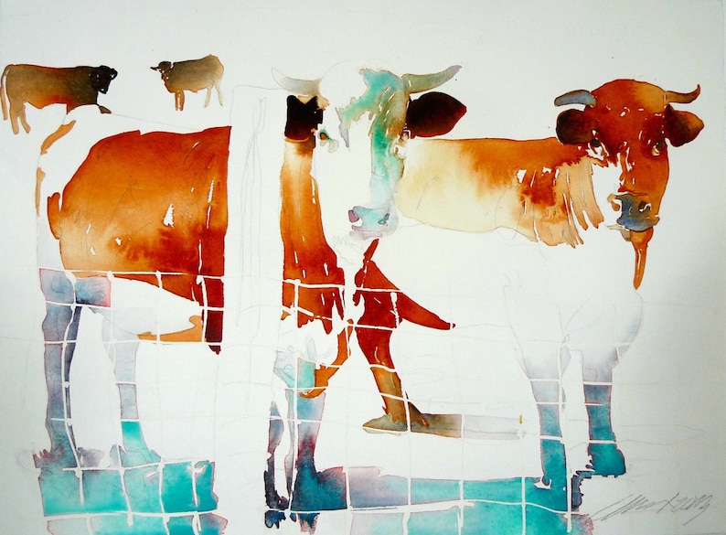 FRENCH COW PRINT on Archival Rag Paper of Colorful Cows With Sienna and ...