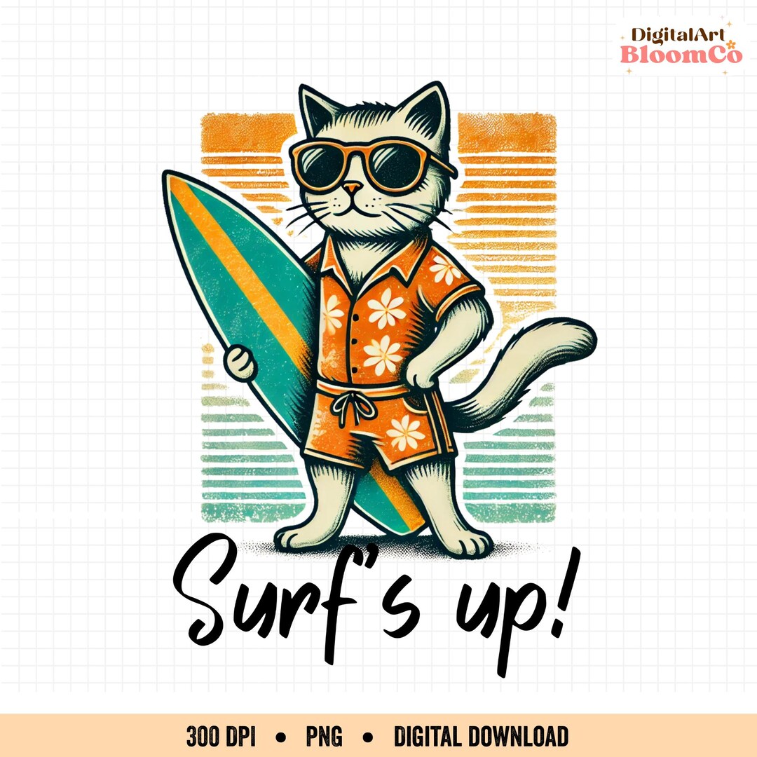 Summer Vibes Png, Surfs up Png, Funny Cat Png, Retro Summer Shirt ...