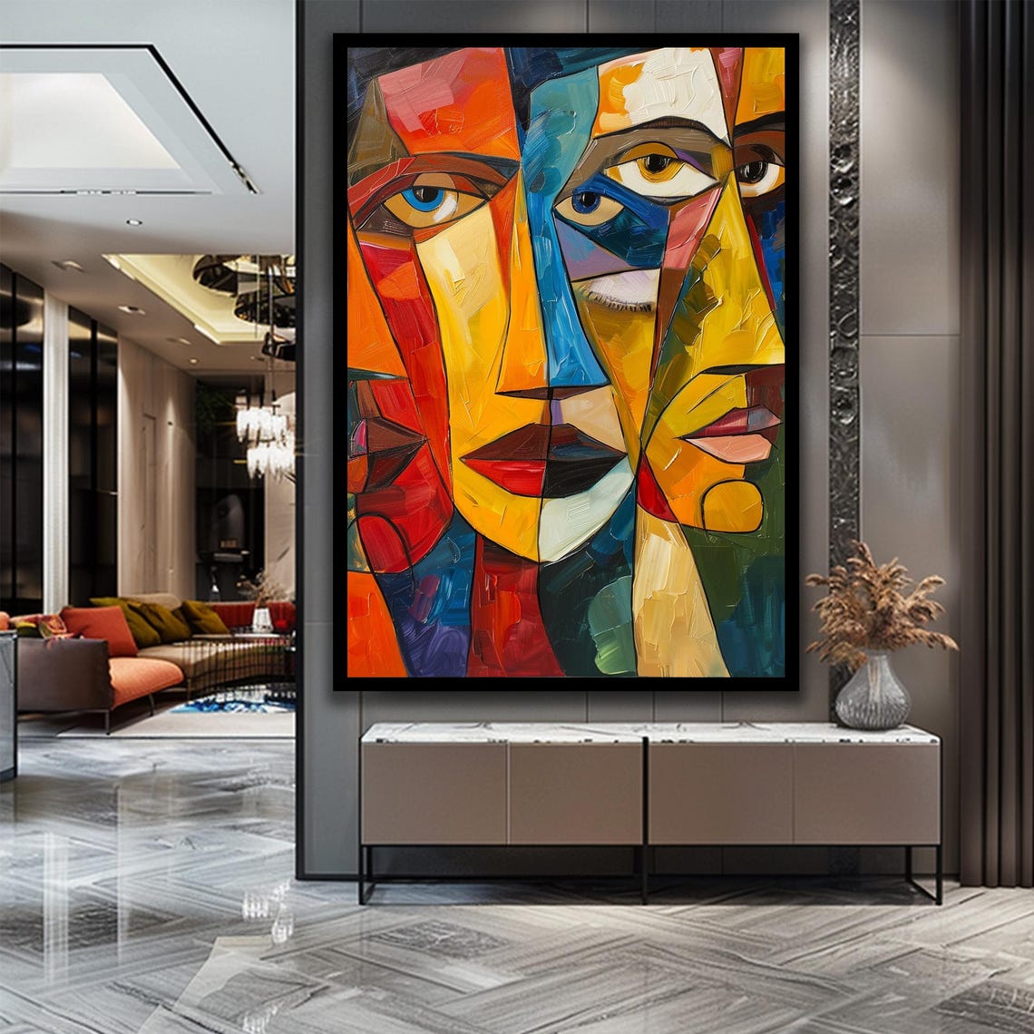 Picasso Style Abstract Portrait Canvas Multicolor Cubism Face Wall ...