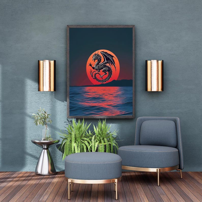 Wyvern Red Sun Digital Art | Fantasy Dragon Ocean Sunset Print (digital ...
