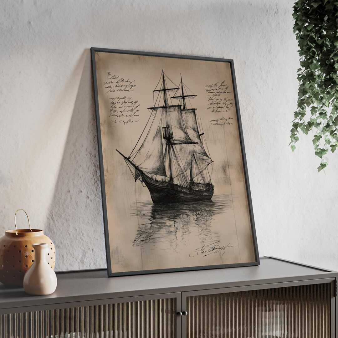 Nautical Ship Sketch Wall Art Print, Vintage Ship Decor, Coastal Home ...