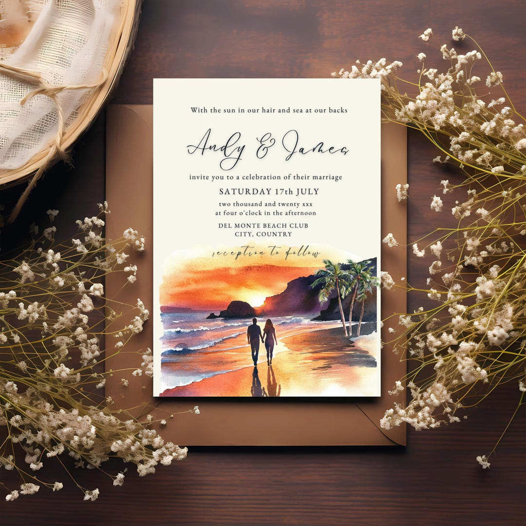 Sunset Beach Wedding Invitation Template: Canva Editable Digital ...