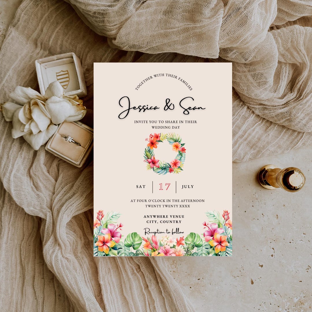 Tropical Hawaiian Wedding Invitation Template | 5x7 Editable Canva ...