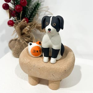 Handmade Ceramic Dog Cat Sofa Set, Unique Animal Figurines, Black White ...