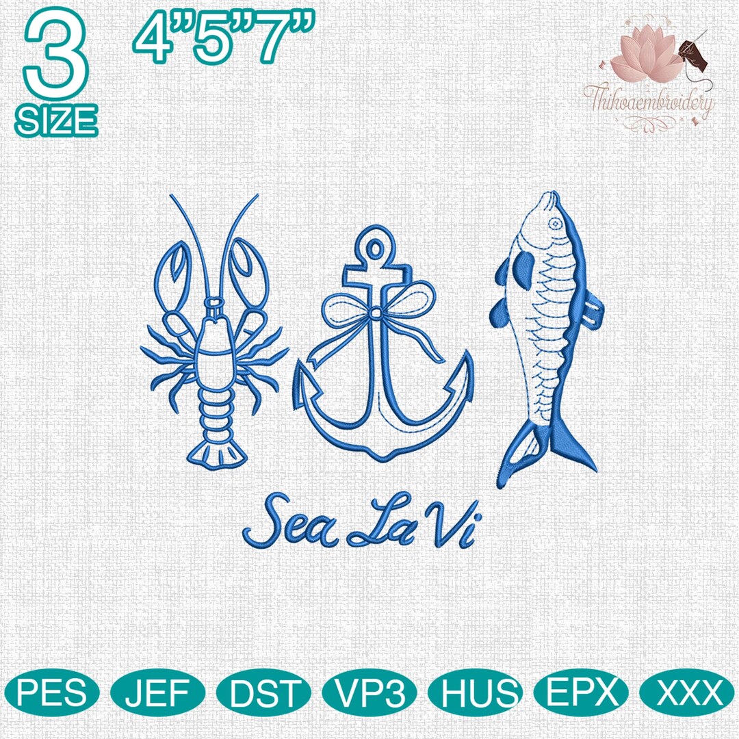 Marine Life Embroidery File, Nautical Embroidered Design, Hand Drawn ...