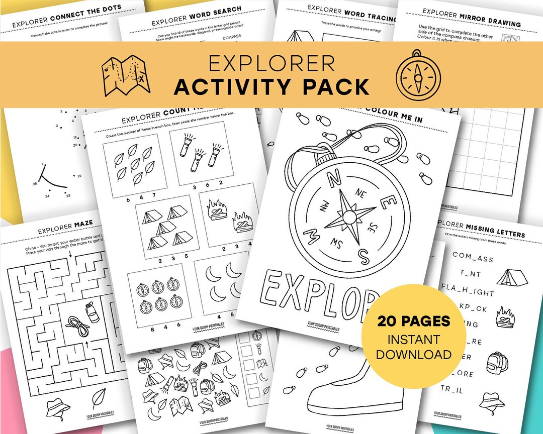 Explorer Kids Activity Pack | Printable Game Bundle | Colouring | Mazes ...