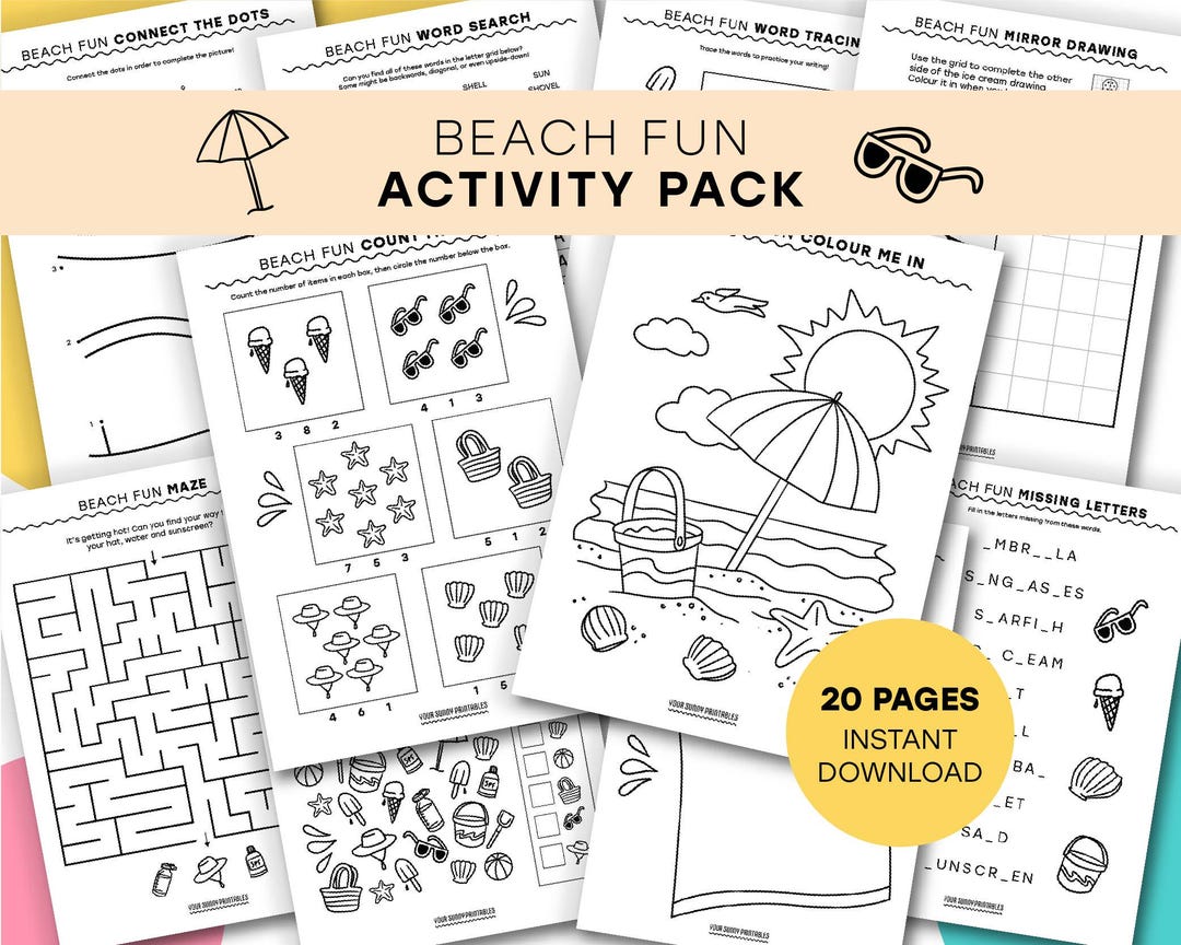 Beach Fun Kids Activity Pack | Printable Game Bundle | Colouring Pages ...