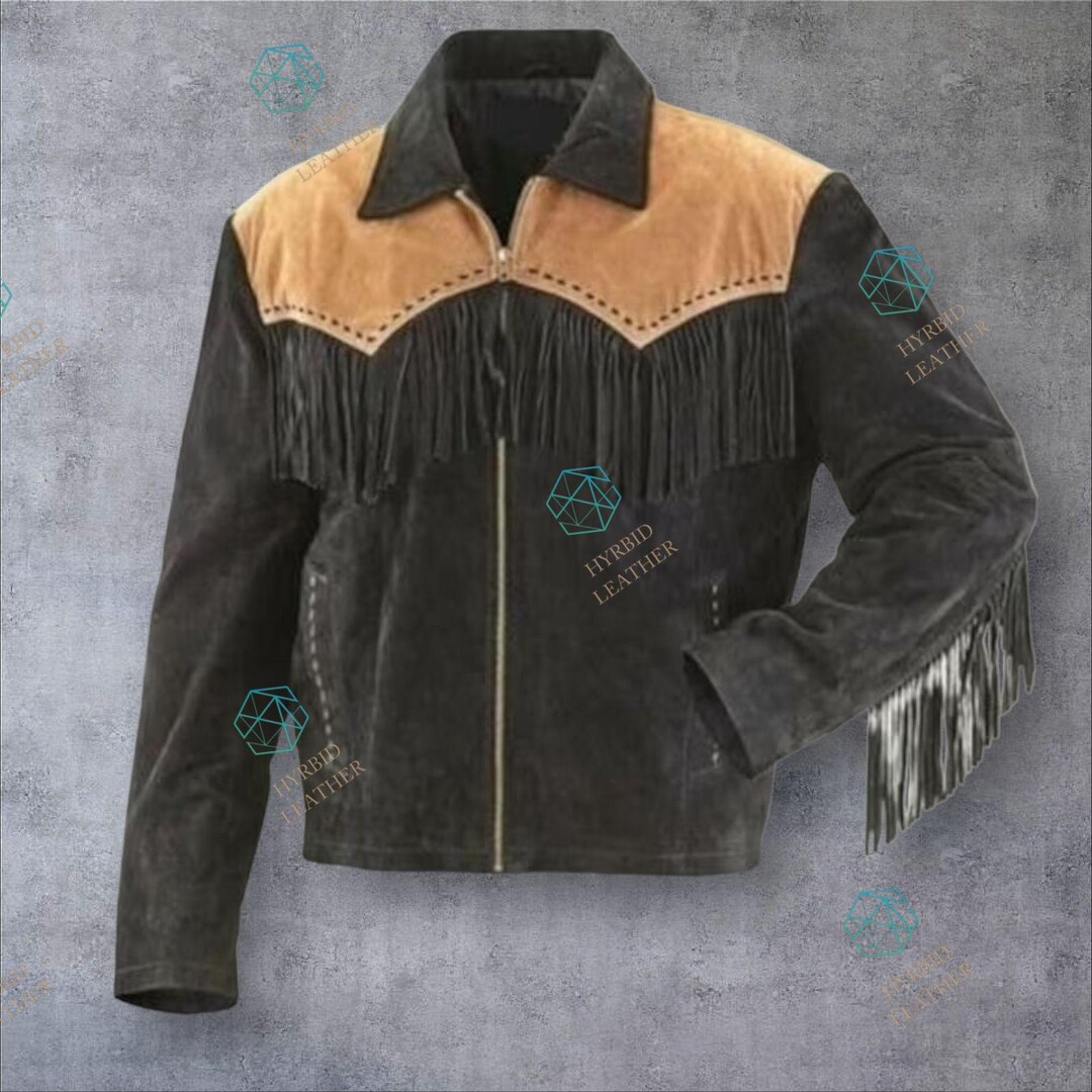 Men Suede Western Cowboy Buckskins Leather Jacket With Fringed & Bead ...