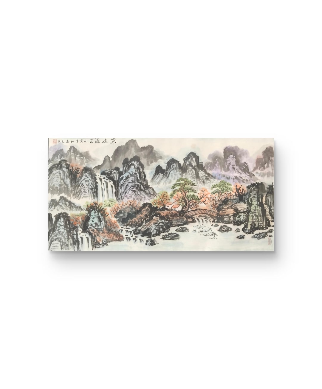 Chinese Landscape Mountains Painting Wall Art, Hand Painted Horizontal ...