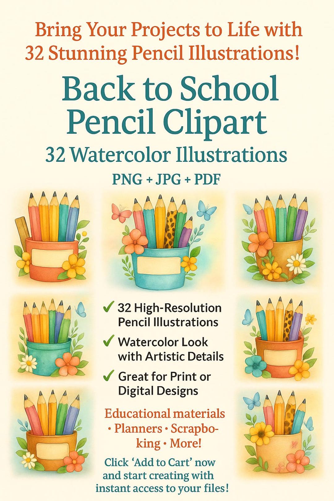Back to School Pencil Clipart – 32 Watercolor Illustrations | PNG + JPG ...