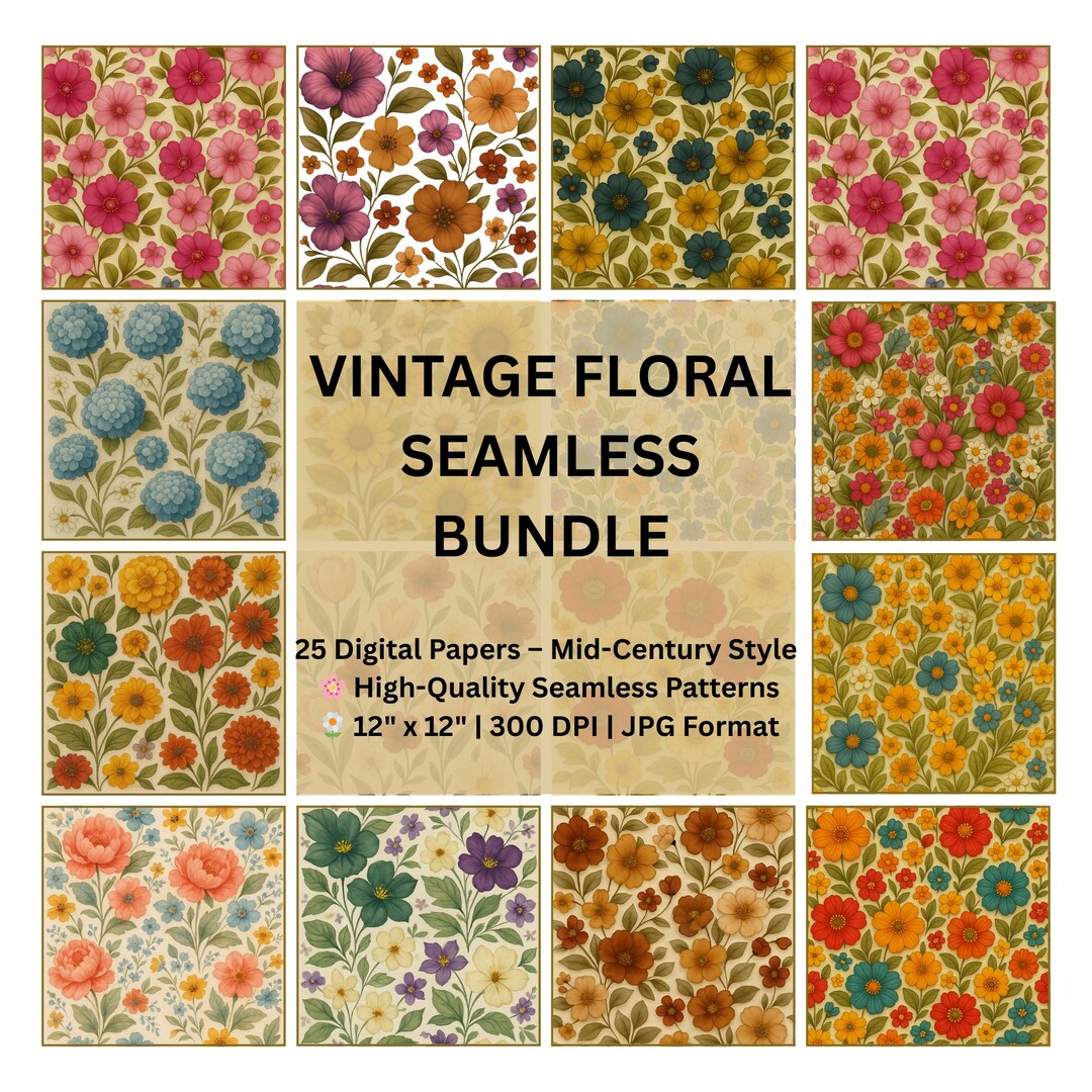 Vintage Floral Digital Paper: Seamless Retro Flower Patterns (25 Jpgs ...