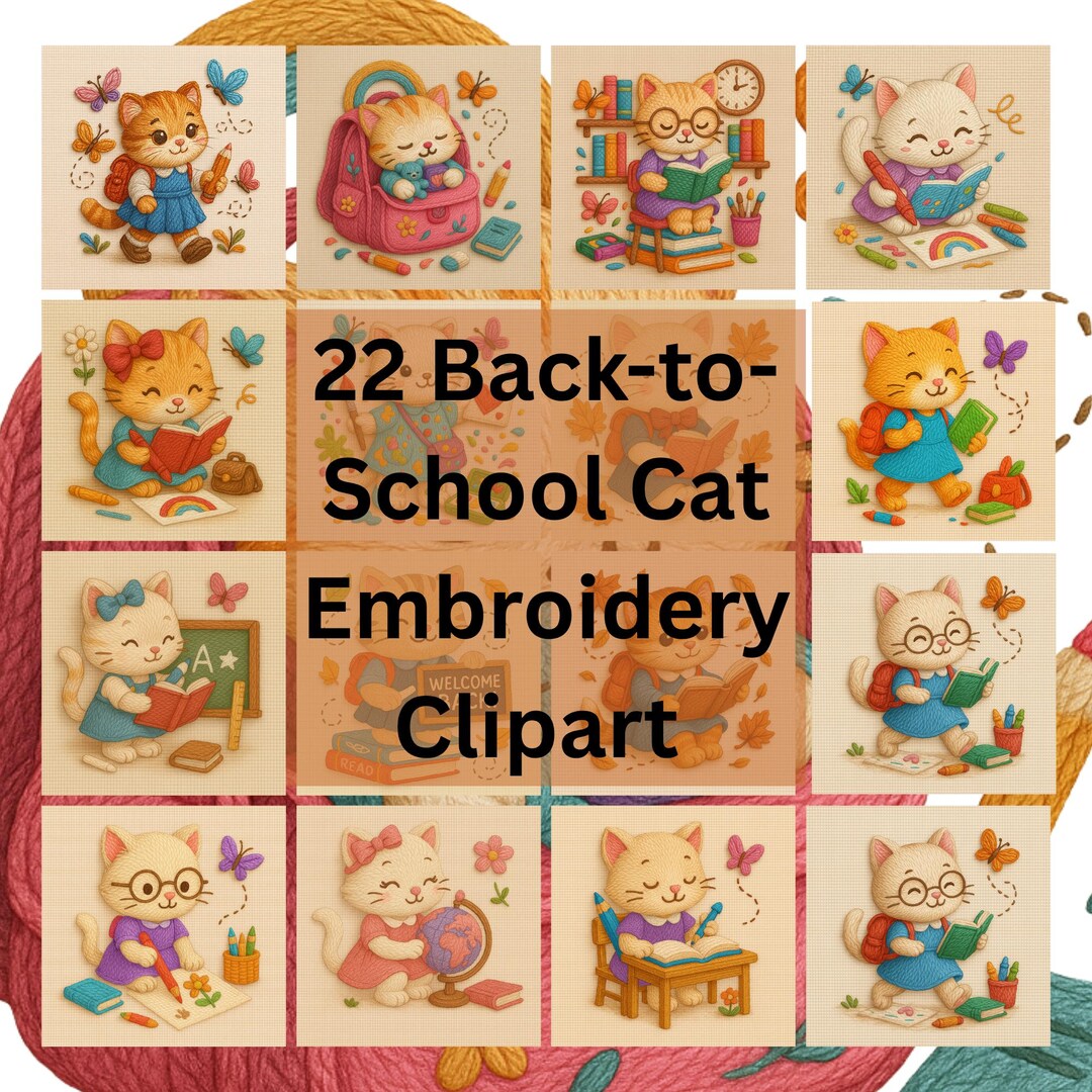 Embroidery Cat Clipart: Schoolgirl Kittens PNG Bundle for Printing ...