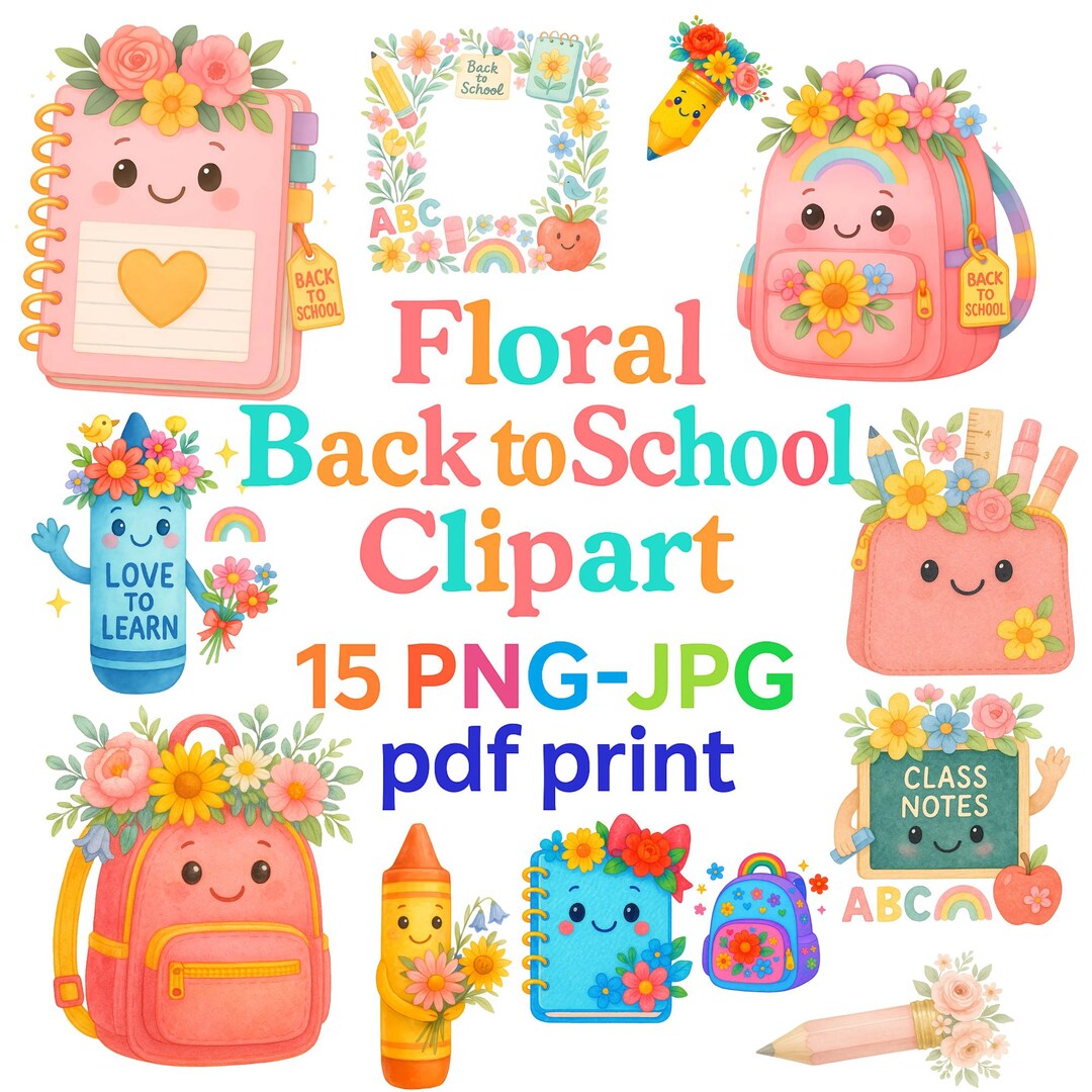 Floral Back to School Clipart Bundle – 15 Watercolor Pngs, JPG ...