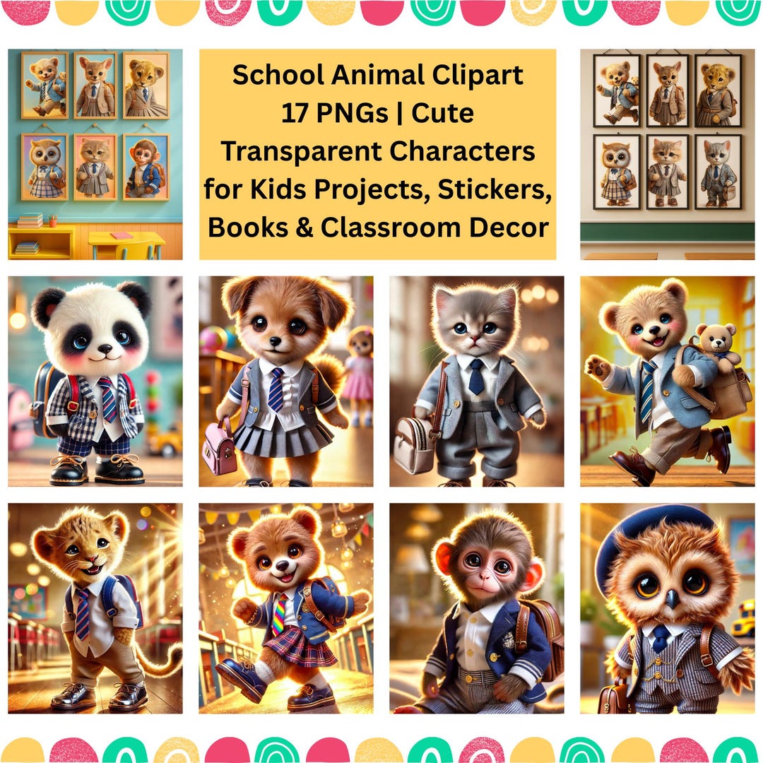 School Animal Clipart – 17 Pngs | Cute Transparent Characters for Kids ...