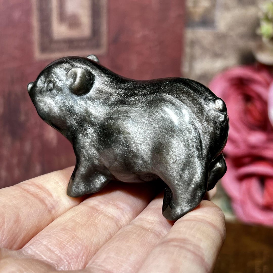 Hand Carved Silver Obsidian Pig Figurine, Crystal Animal Sculpture - Etsy