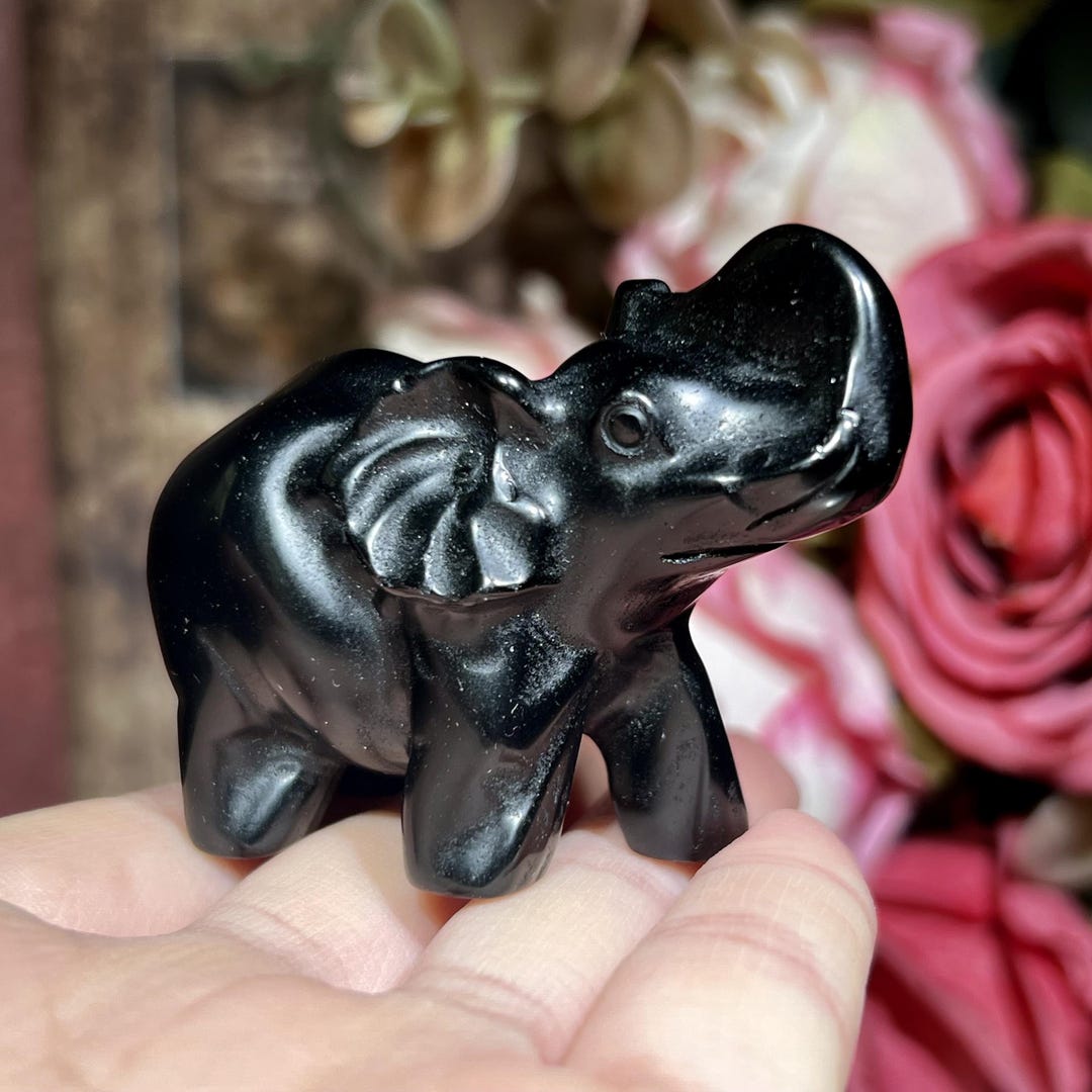 Black Obsidian Elephant Figurine, Protective Energy Crystal, Home Decor ...