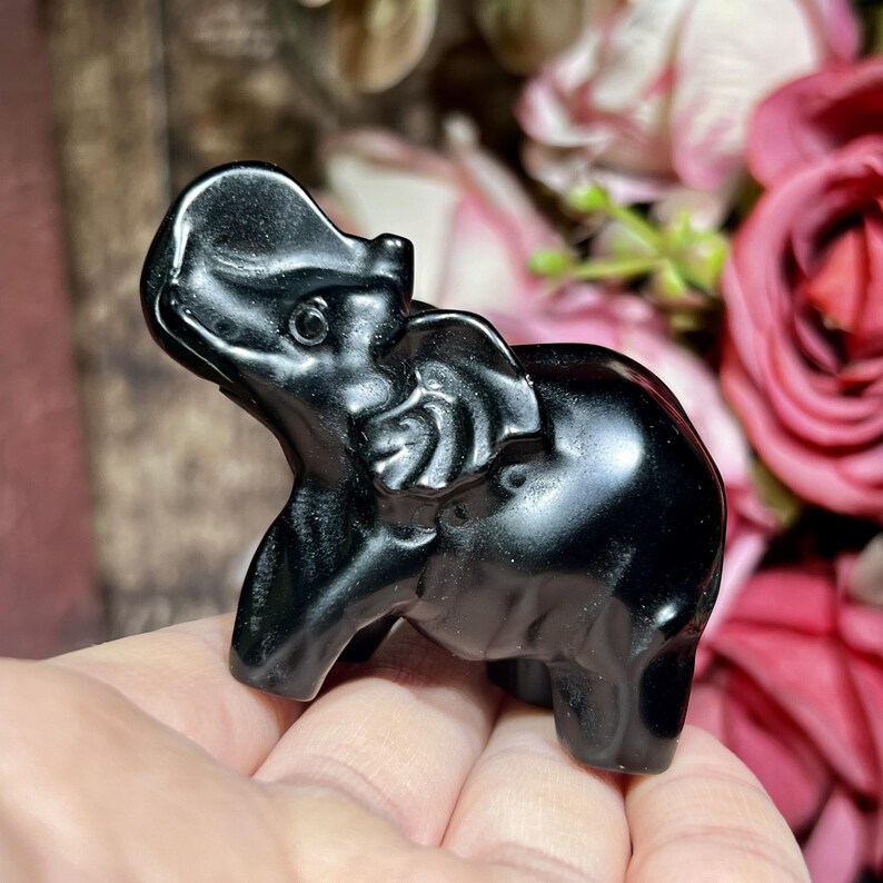 Black Obsidian Elephant Figurine, Protective Energy Crystal, Home Decor ...