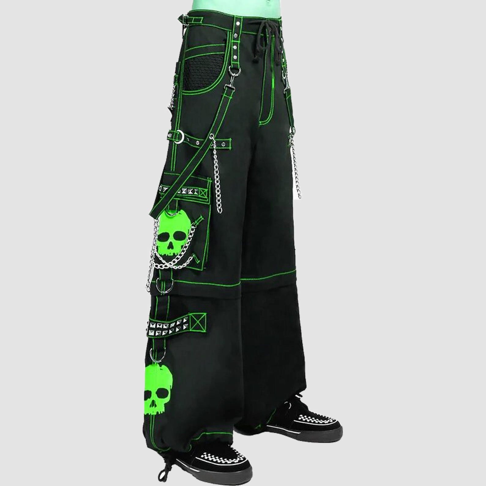 Mens Black Cargo Pants With Chains Green Stitching Neon Skulls - Punk ...