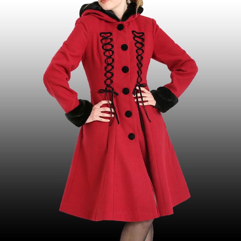 Red Wool Gothic Corset Coat | Victorian Winter Jacket With Faux Fur ...