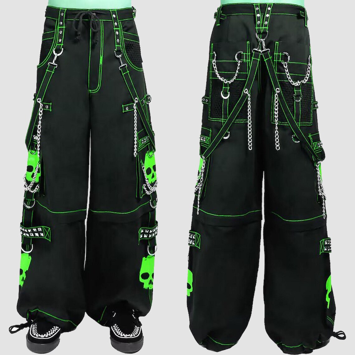 Mens Black Cargo Pants With Chains Green Stitching Neon Skulls - Punk ...