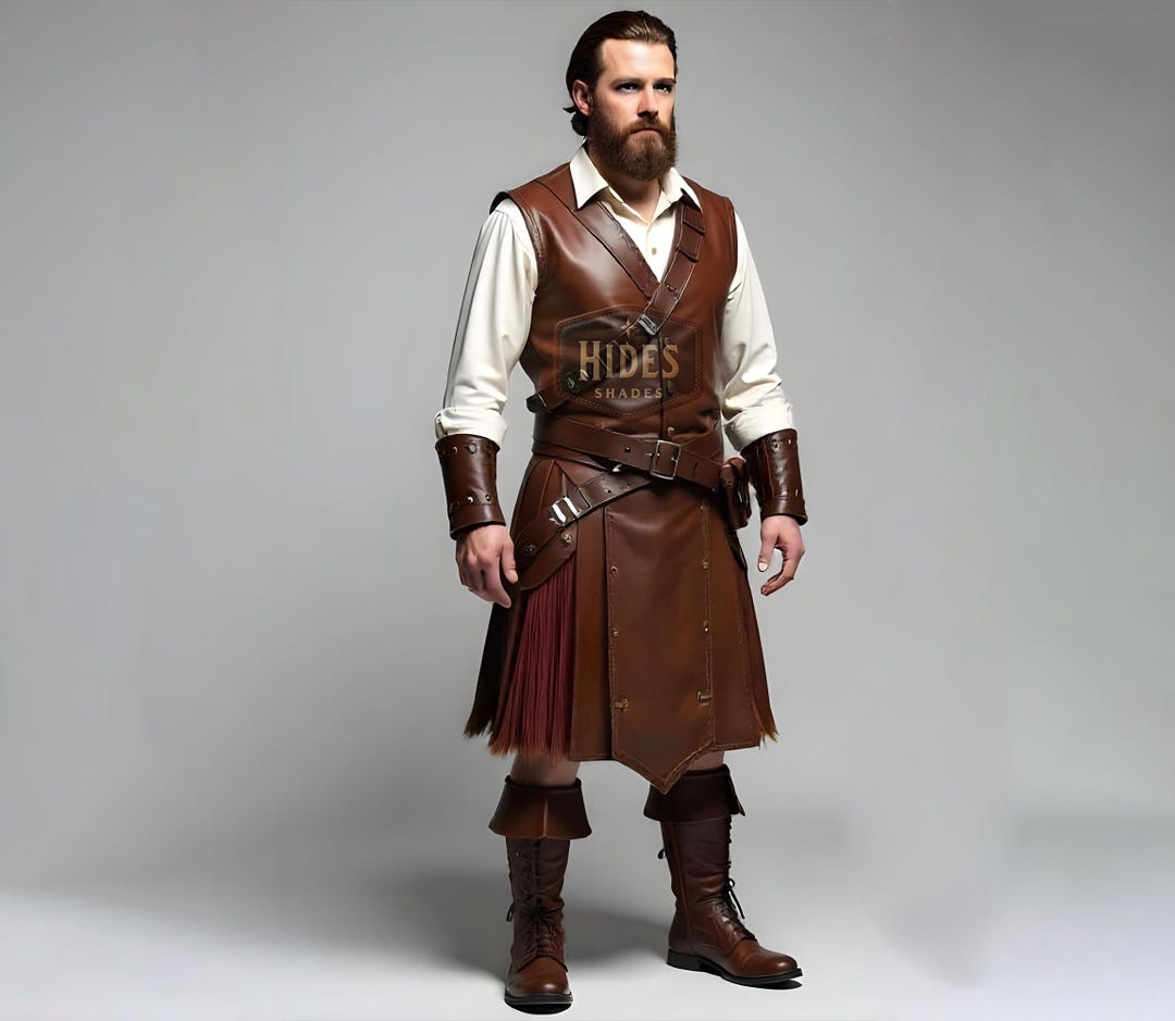Genuine Brown Leather Cosplay Vest & Gladiator Kilt for Men | Handmade ...