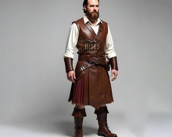 Genuine Brown Leather Bar Vest & Gladiator Kilt for Men | Handmade ...