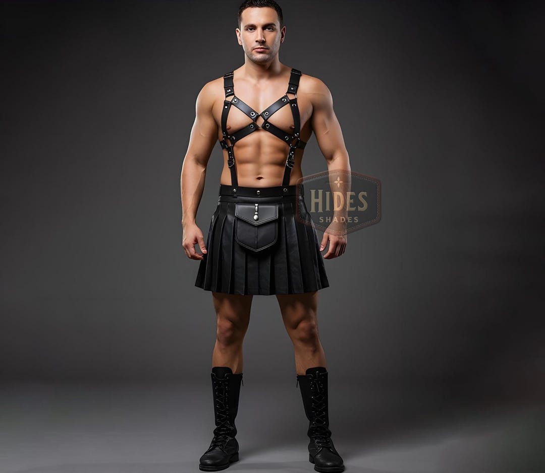 Genuine Black Leather Gladiator Kilt & Harness for Men | Custom Fit ...