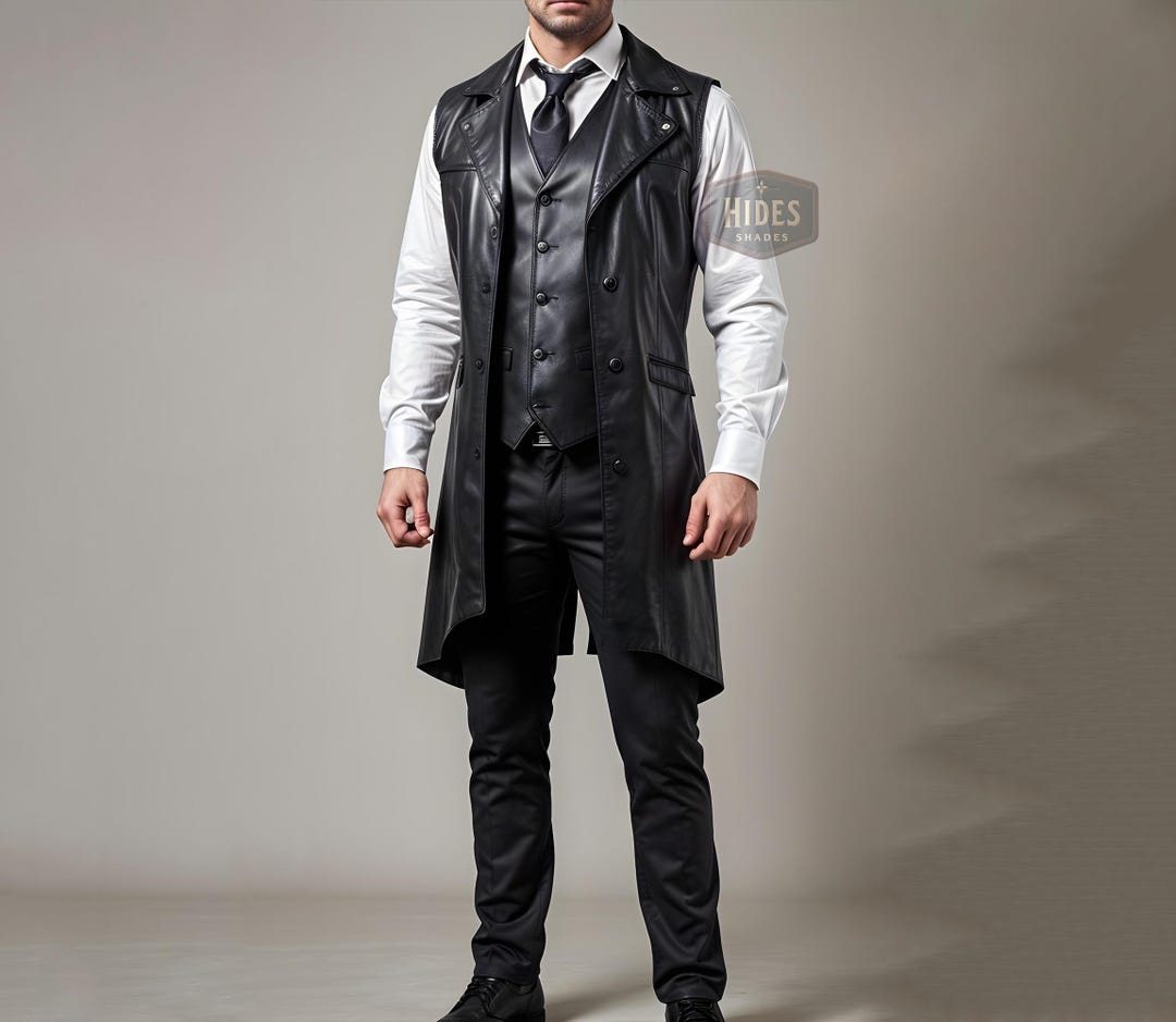 Custom Black Leather Cosplay Long Vest for Men | Men's Double Layer ...
