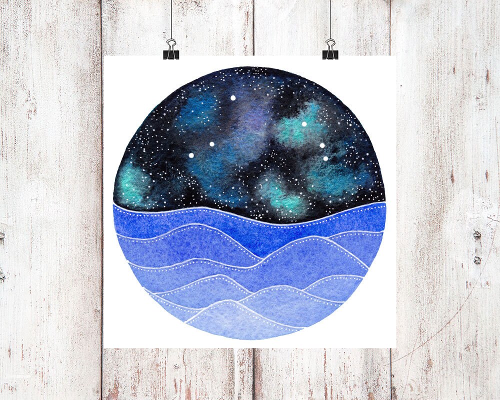 The Aries Constellation Above an Ocean of Waves Watercolor Print ...