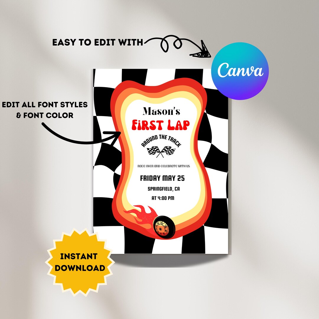 Race Car Birthday Invitation: First Lap Track Party (digital Download ...