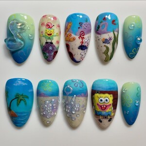 Spongebob Squarepants Press on Nails, Handpainted Bikini Bottom Ocean ...