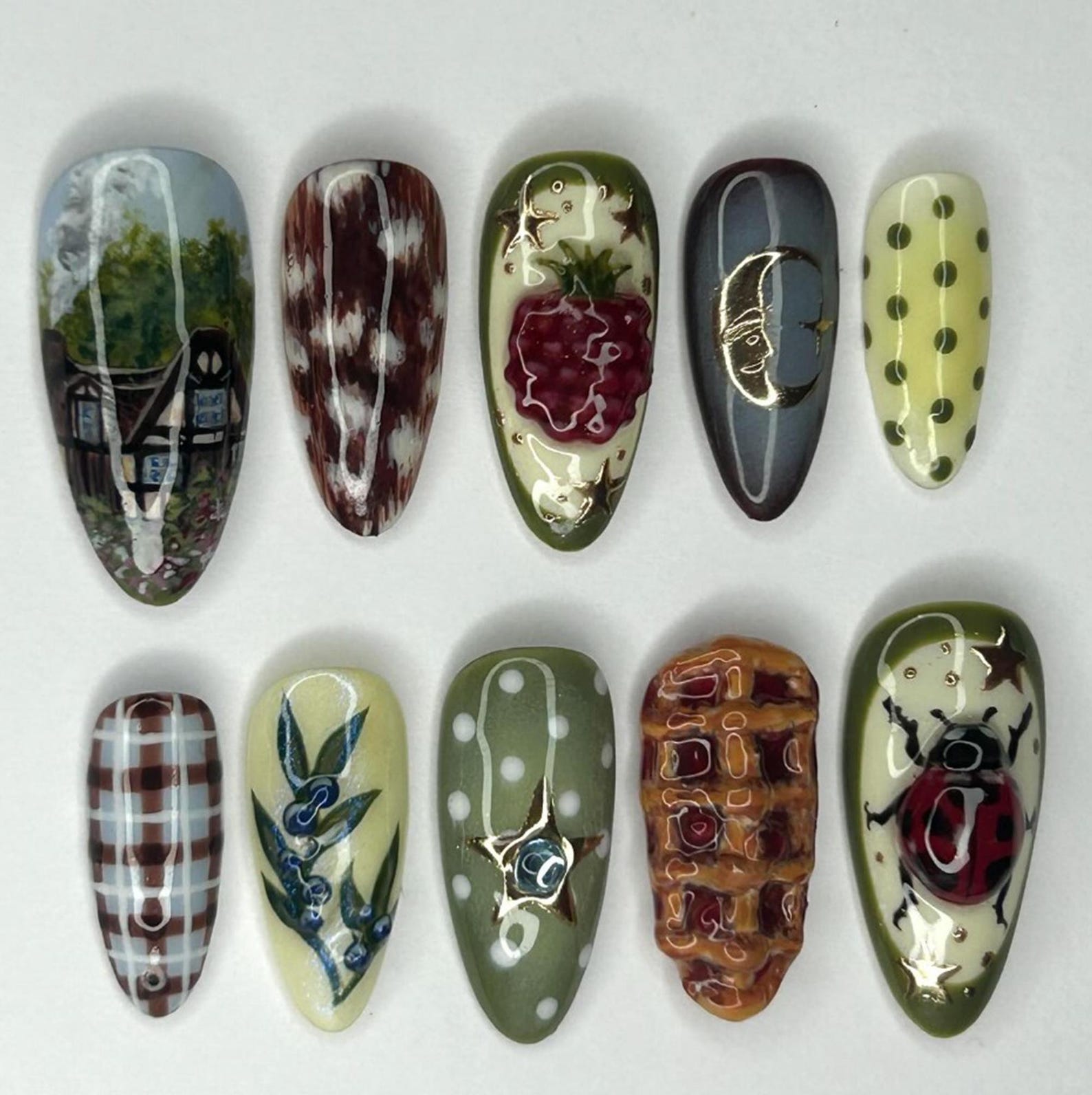 Handmade Cottagecore Press on Nails | Rustic House, Berry & Ladybug ...