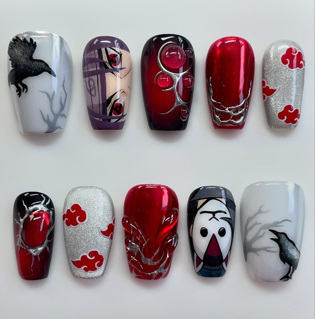 Handpainted Akatsuki Red Cloud Nail Art | Sharingan Eye - Crow Fake ...