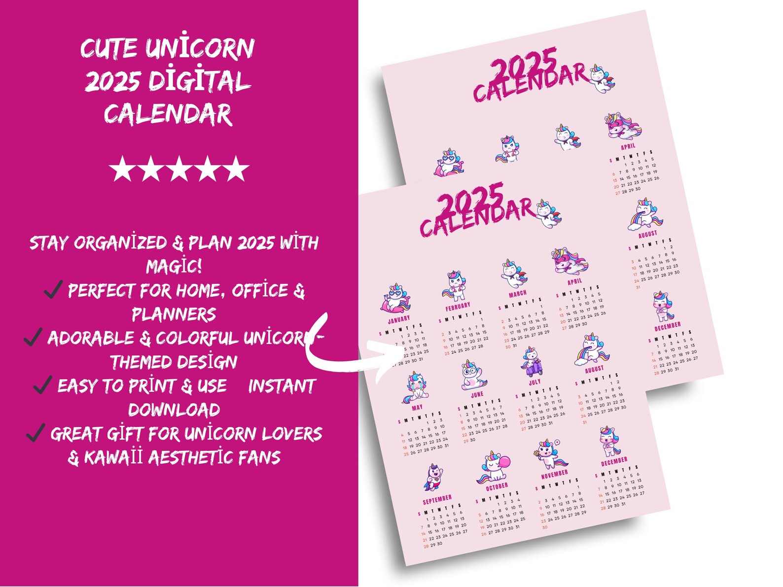 Cute Unicorn 2025 Digital Calendar | Printable A4 & Letter Planner ...