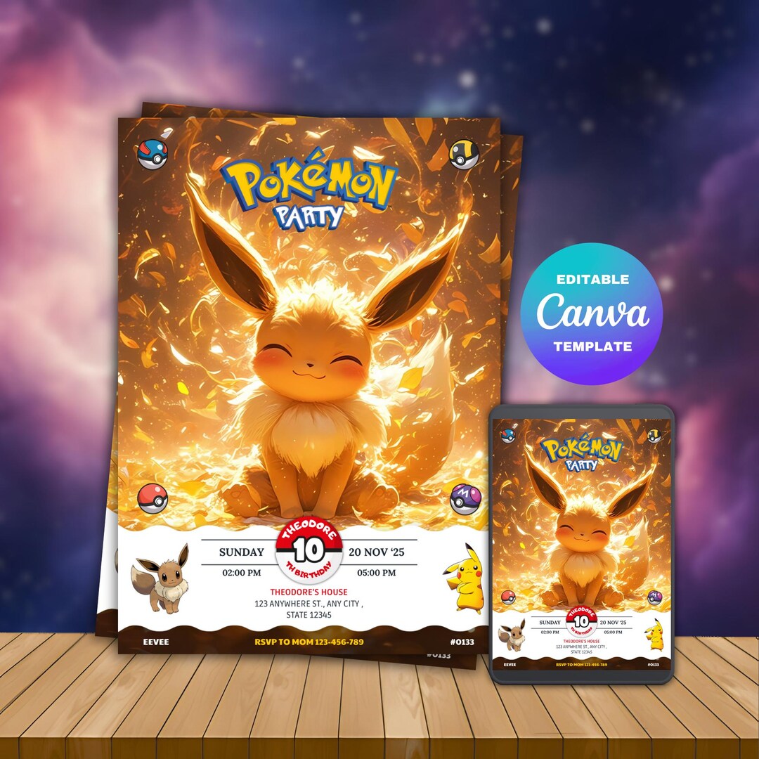 Editable Pokemon Card Invitation Pokemon Birthday Invitation Eevee ...