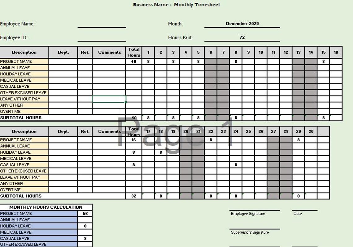 Monthly Timesheet, Employee Timesheet, Employee Work Hour Tracker ...
